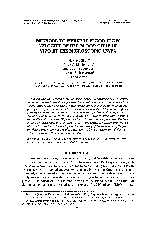 Methods to measure blood flow velocity of red blood cells in vivo at ...