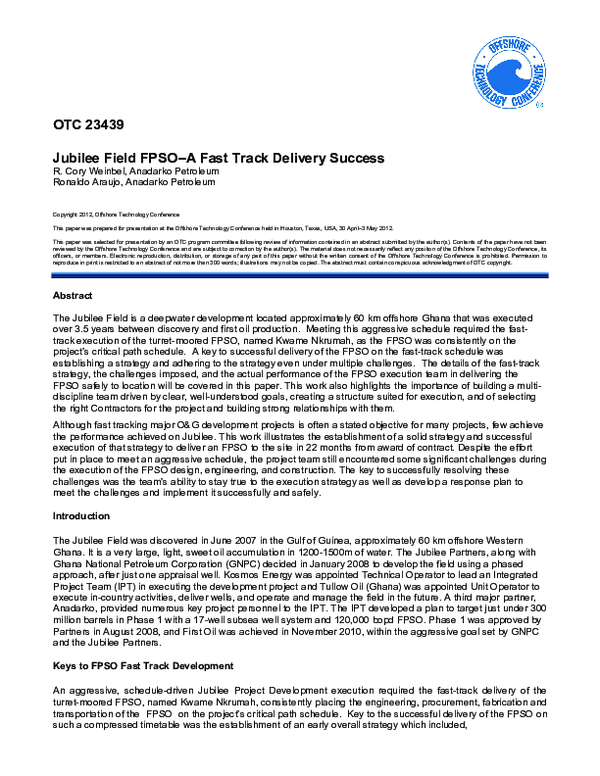 (PDF) Jubilee Field FPSO--A Fast Track Delivery Success