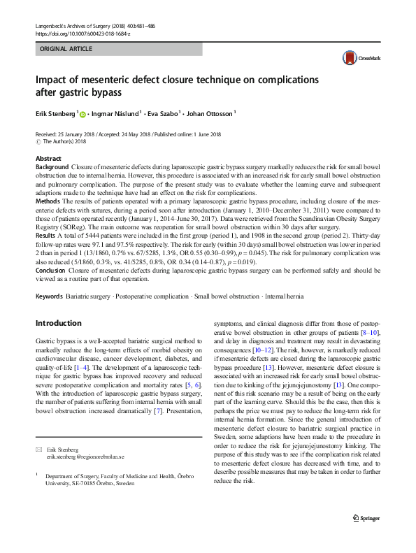 (PDF) Impact of mesenteric defect closure technique on complications ...