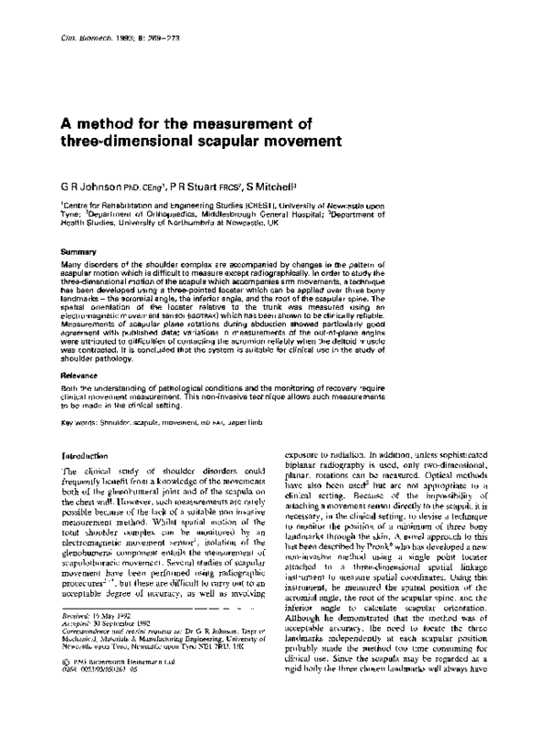 Pdf A Method For The Measurement Of Three Dimensional Scapular Movement