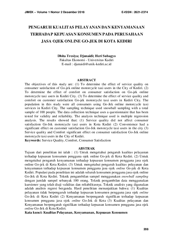 (PDF) Pengaruh Kualitas Pelayanan Dan Kenyamanaan Terhadap Kepuasan Konsumen (Studi Pada ...
