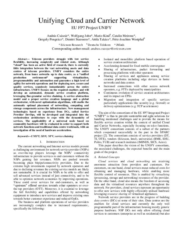 (PDF) Unifying Cloud and Carrier Network: EU FP7 Project UNIFY | Fritz-joachim Westphal ...