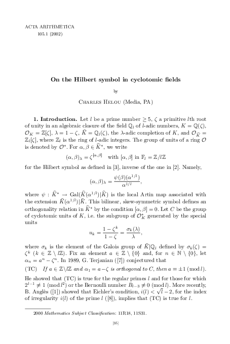 (PDF) On the Hilbert symbol in cyclotomic fields