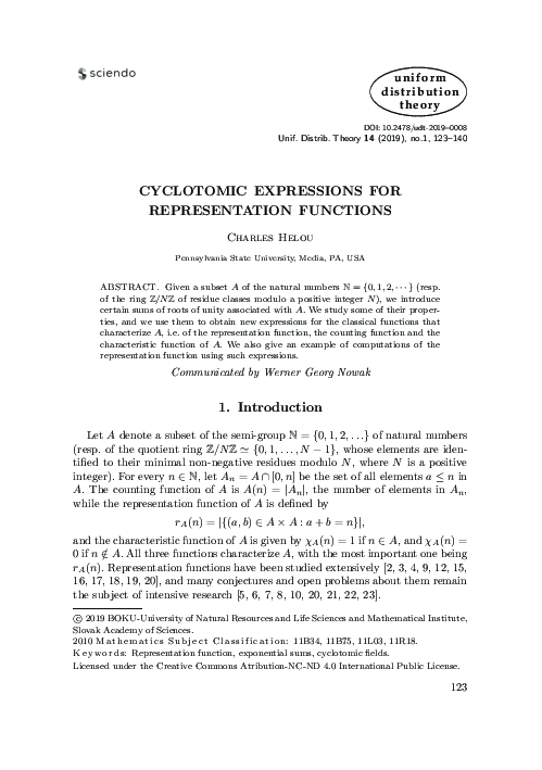 (PDF) Cyclotomic Expressions for Representation Functions