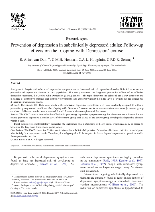 (PDF) Prevention of depression in subclinically depressed adults ...