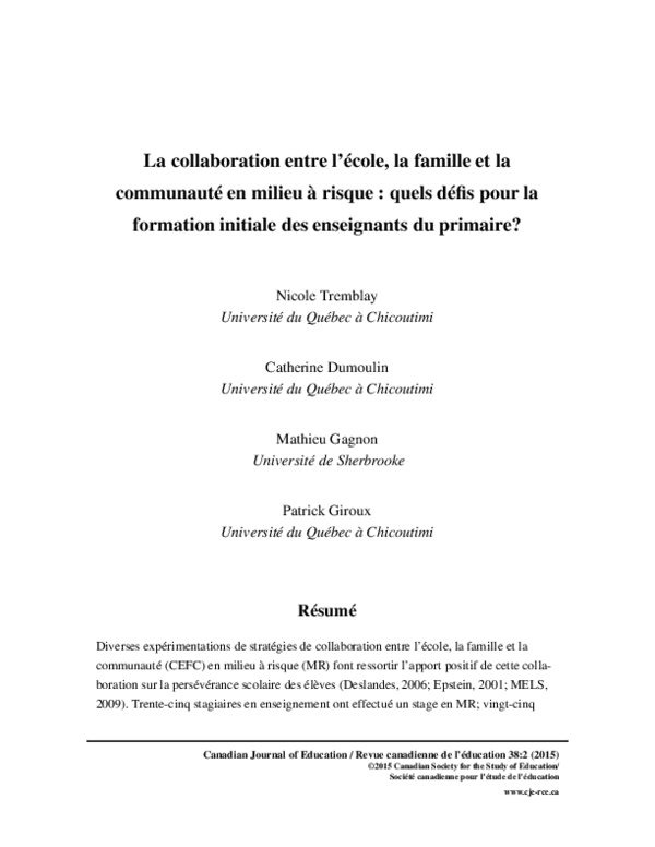 (PDF) La collaboration entre l'école, la famille et la communauté en ...