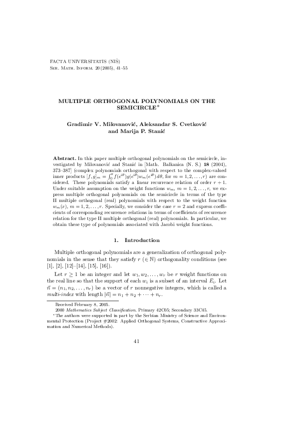 (PDF) Multiple orthogonal polynomials on the semicircle and applications