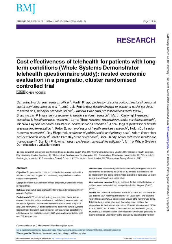 (PDF) Cost effectiveness of telehealth for patients with long term ...