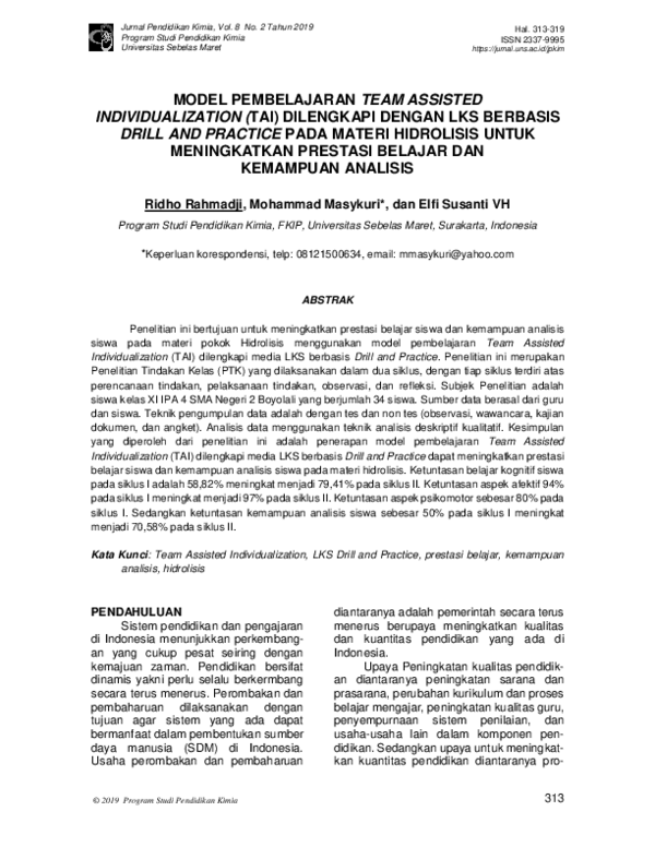 (PDF) Model Pembelajaran Team Assisted Individualization (TAI) Dilengkapi dengan LKS Berbasis ...