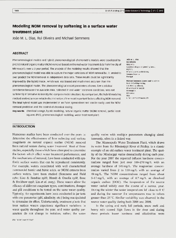 (PDF) Modeling NOM removal by softening in a surface water treatment ...