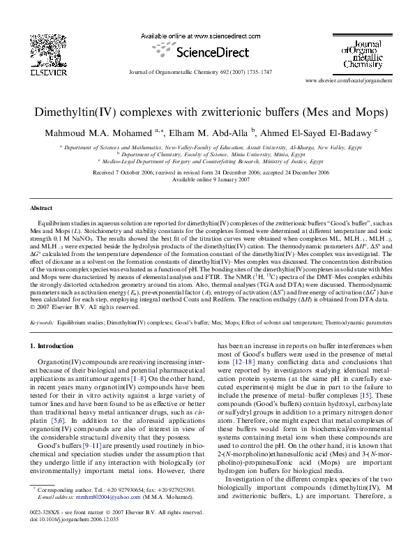 (PDF) Dimethyltin (IV) complexes with zwitterionic buffers (Mes and Mops)