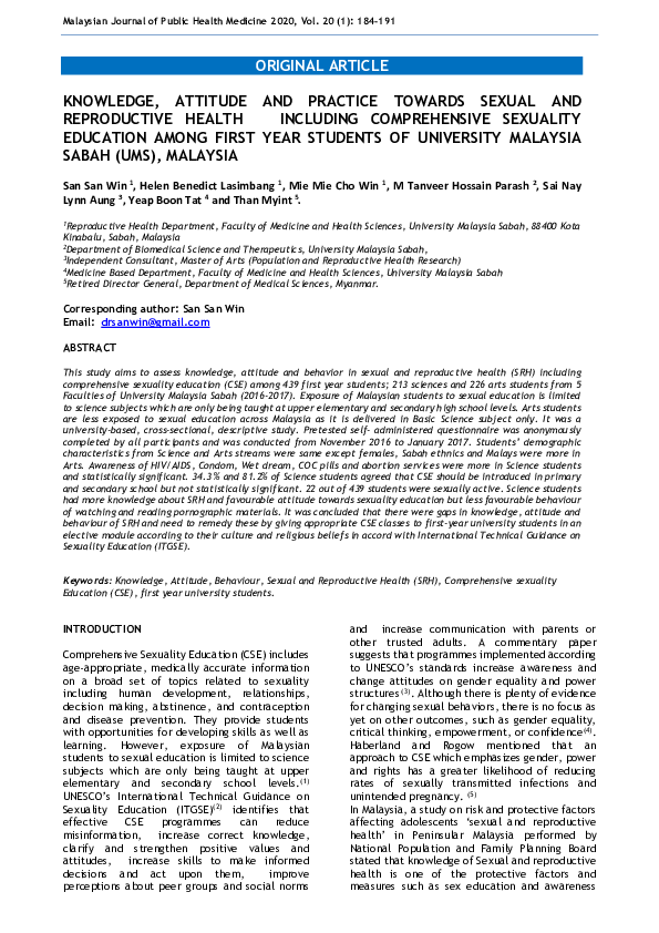 Pdf Knowledge Attitude And Practice Towards Sexual And Reproductive