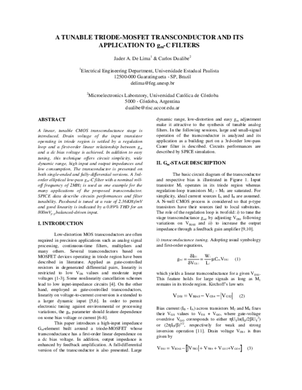 Pdf A Tunable Triode Mosfet Transconductor And Its Application To Gm C Filters Carlos