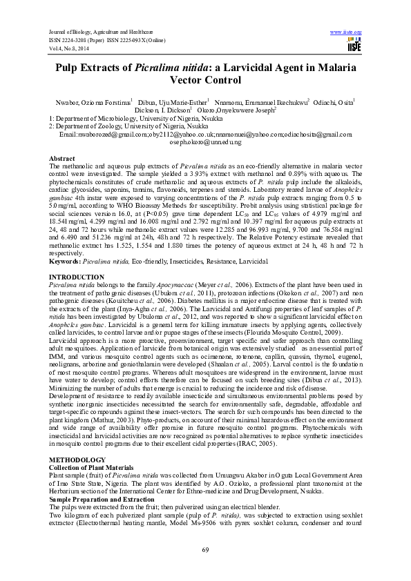 (PDF) Pulp Extracts of Picralima nitida: a Larvicidal Agent in Malaria ...