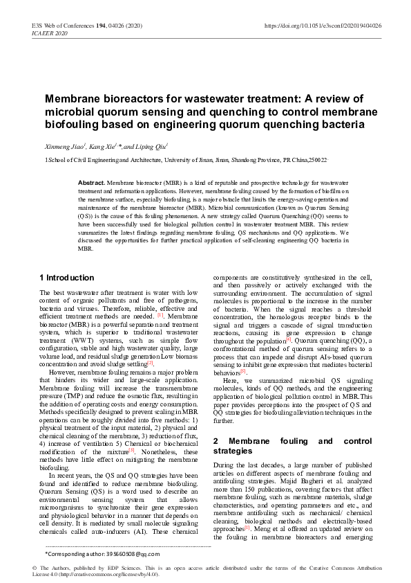 (PDF) Membrane Bioreactors for Wastewater Treatment