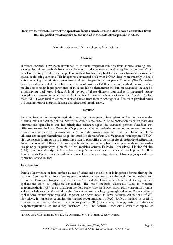 (PDF) Review to Estimate Evapotranspiration From Remote Sensing Data: Some Examples From the ...