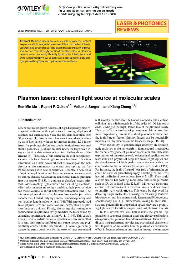 (PDF) Plasmon lasers: coherent light source at molecular scales