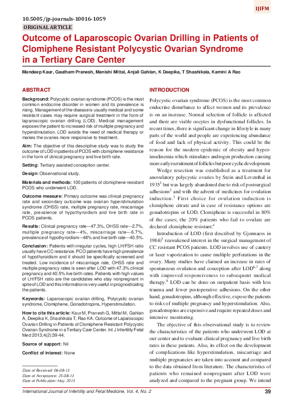 (PDF) Outcome of Laparoscopic Ovarian Drilling in Patients of Clomiphene Resistant Polycystic ...