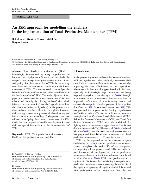 (PDF) An ISM approach for modelling the enablers in the implementation of Total Productive ...