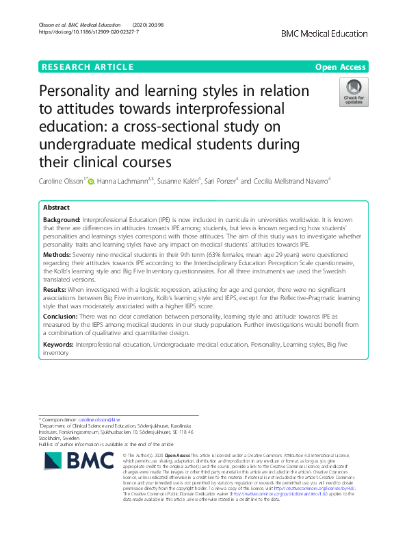 (PDF) Personality and learning styles in relation to attitudes towards interprofessional ...