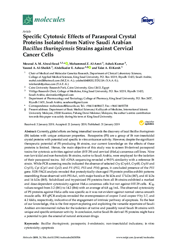 (PDF) Specific Cytotoxic Effects of Parasporal Crystal Proteins ...