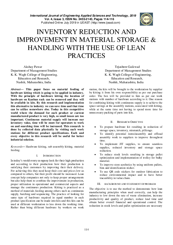 (PDF) Inventory Reduction and Improvement in Material Storage and ...