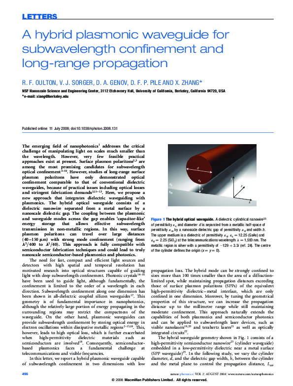 (PDF) A hybrid plasmonic waveguide for subwavelength confinement and long-range propagation
