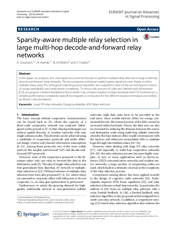 (PDF) Sparsity-aware multiple relay selection in large multi-hop decode-and-forward relay networks