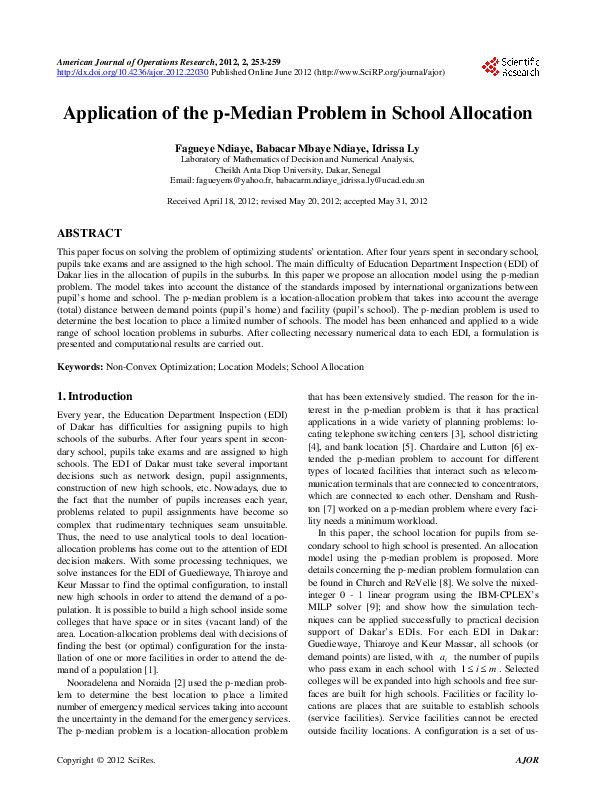 Pdf Application Of The P Median Problem In School Allocation