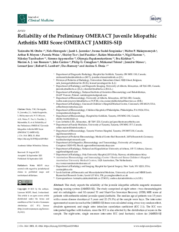 (PDF) Reliability of the Preliminary OMERACT Juvenile Idiopathic ...