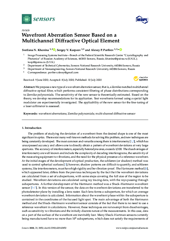 (PDF) Wavefront Aberration Sensor Based on a Multichannel Diffractive Optical Element