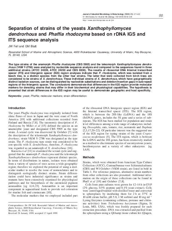 (PDF) Separation of strains of the yeasts Xanthophyllomyces dendrorhous ...