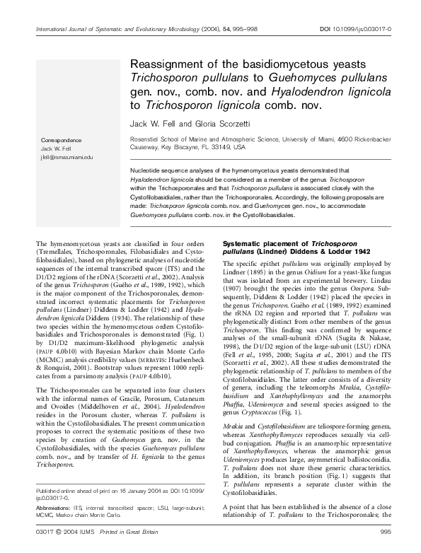 (PDF) Reassignment of the basidiomycetous yeasts Trichosporon pullulans ...