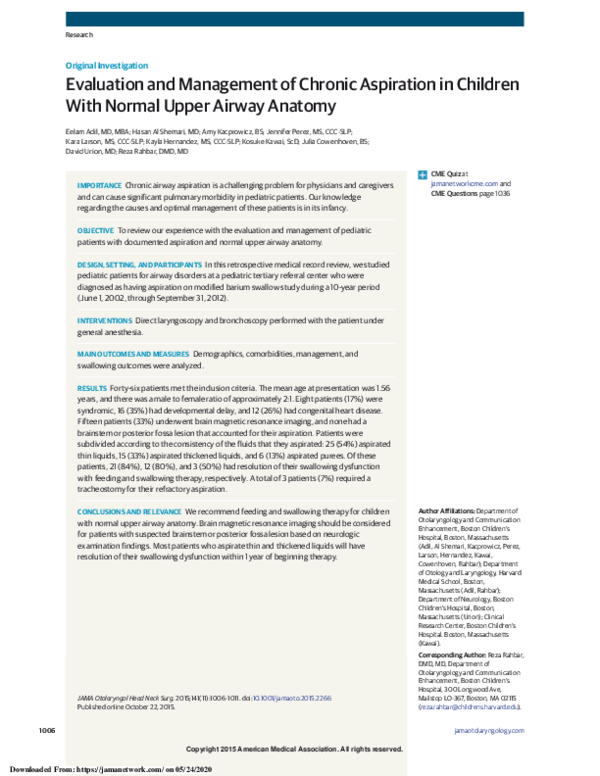 (PDF) Evaluation and management of chronic aspiration