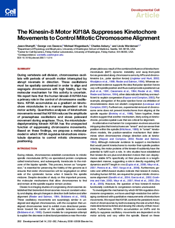 (PDF) The Kinesin-8 Motor Kif18A Suppresses Kinetochore Movements to ...