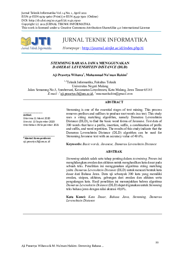 (PDF) Stemming Bahasa Jawa Menggunakan Damerau Levenshtein Distance (DLD)