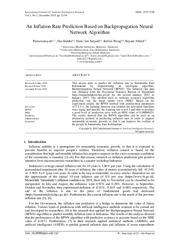 Pdf An Inflation Rate Prediction Based On Backpropagation Neural