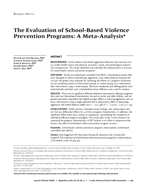 (PDF) The Evaluation of School-Based Violence Prevention Programs: A ...