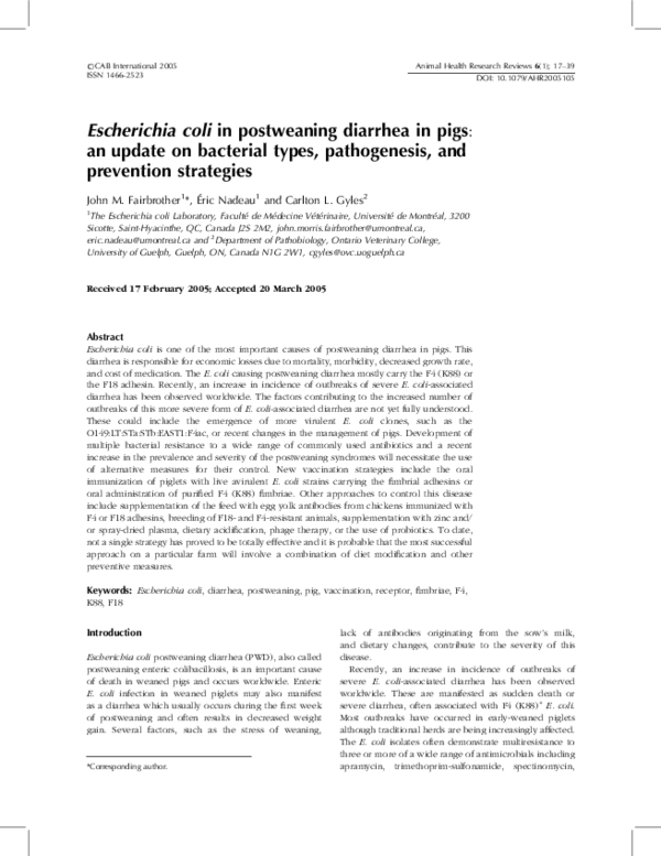 (PDF) Escherichia coli in postweaning diarrhea in pigs: an update on bacterial types ...