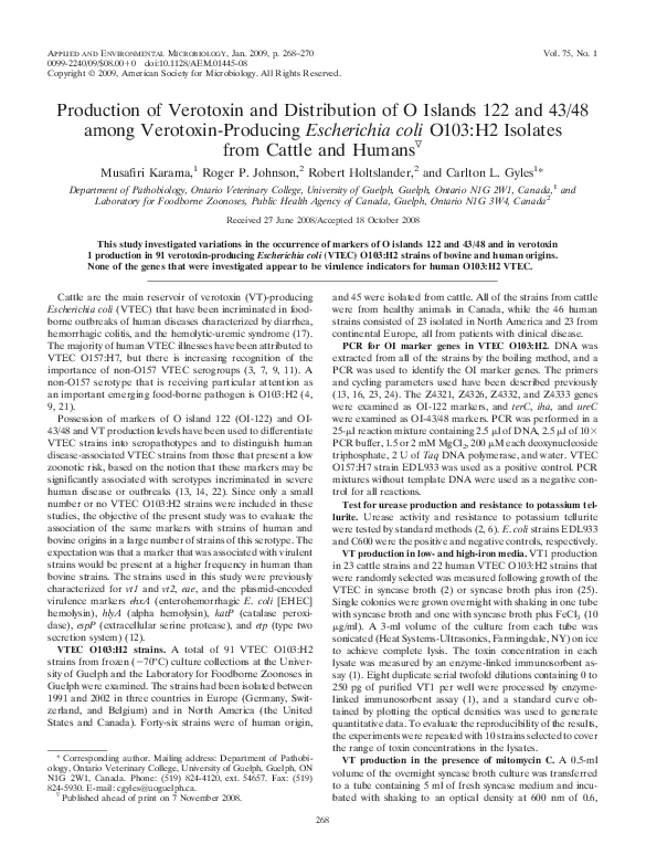 (PDF) Production of Verotoxin and Distribution of O Islands 122 and 43/ ...