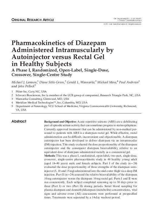 (PDF) Pharmacokinetics of Diazepam Administered Intramuscularly by ...