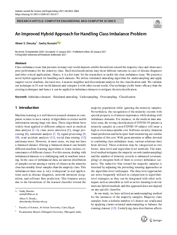 (PDF) An Improved Hybrid Approach for Handling Class Imbalance Problem (PDF) An Improved Hybrid Approach for Handling Class Imbalance Problem