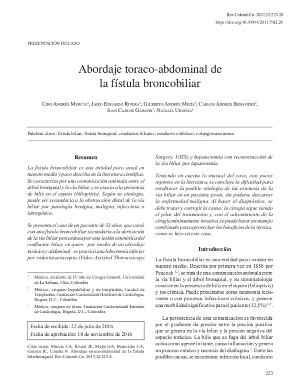 (PDF) Abordaje toraco-abdominal de la fístula broncobiliar