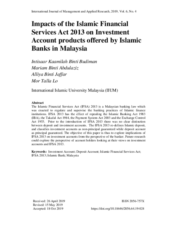 (PDF) Impacts of the Islamic Financial Services Act 2013 on Investment ...