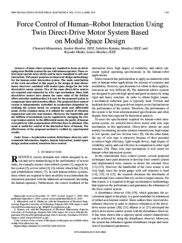 (PDF) Force Control of Human–Robot Interaction Using Twin Direct-Drive ...