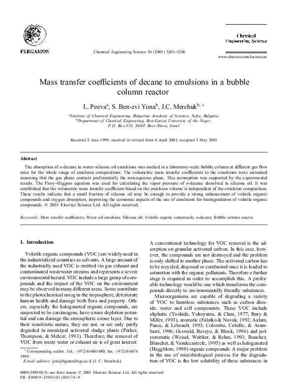 (PDF) Mass transfer coefficients of decane to emulsions in a bubble column reactor
