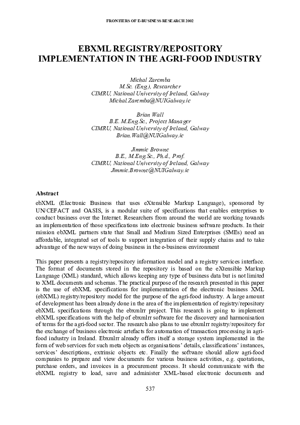 Pdf Ebxml Registry Repository Implementation In The Agri Food Industry