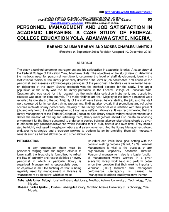 (PDF) Personnel management and job satisfaction in academic libraries: a case study of federal ...