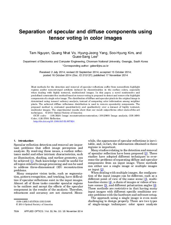 Pdf Separation Of Specular And Diffuse Components Using Tensor Voting