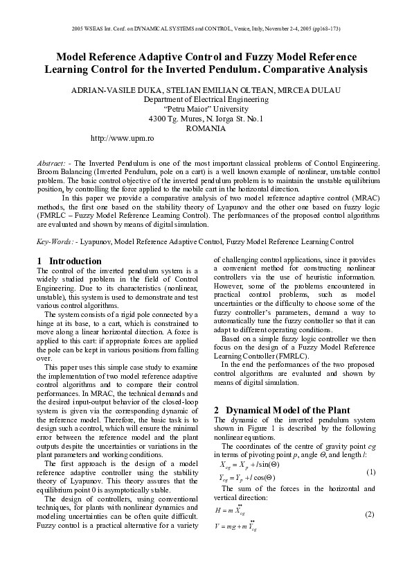 Pdf Model Reference Adaptive Control And Fuzzy Model Reference Learning Control For The